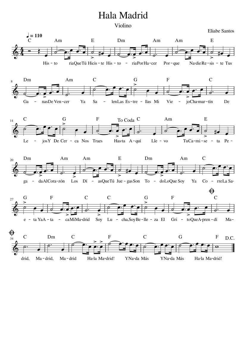 Hala. Madrid – RedOne Hala Madrid Sheet music for Violin (Solo ...