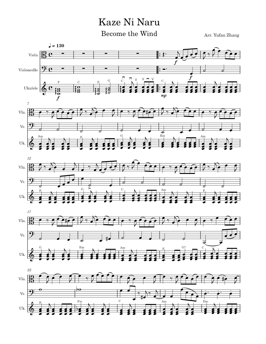 Kaze ni naru – Joe Hisaishi - Viola Cello Ukulele Trio Sheet Music for Viola, Cello, Guitar ...