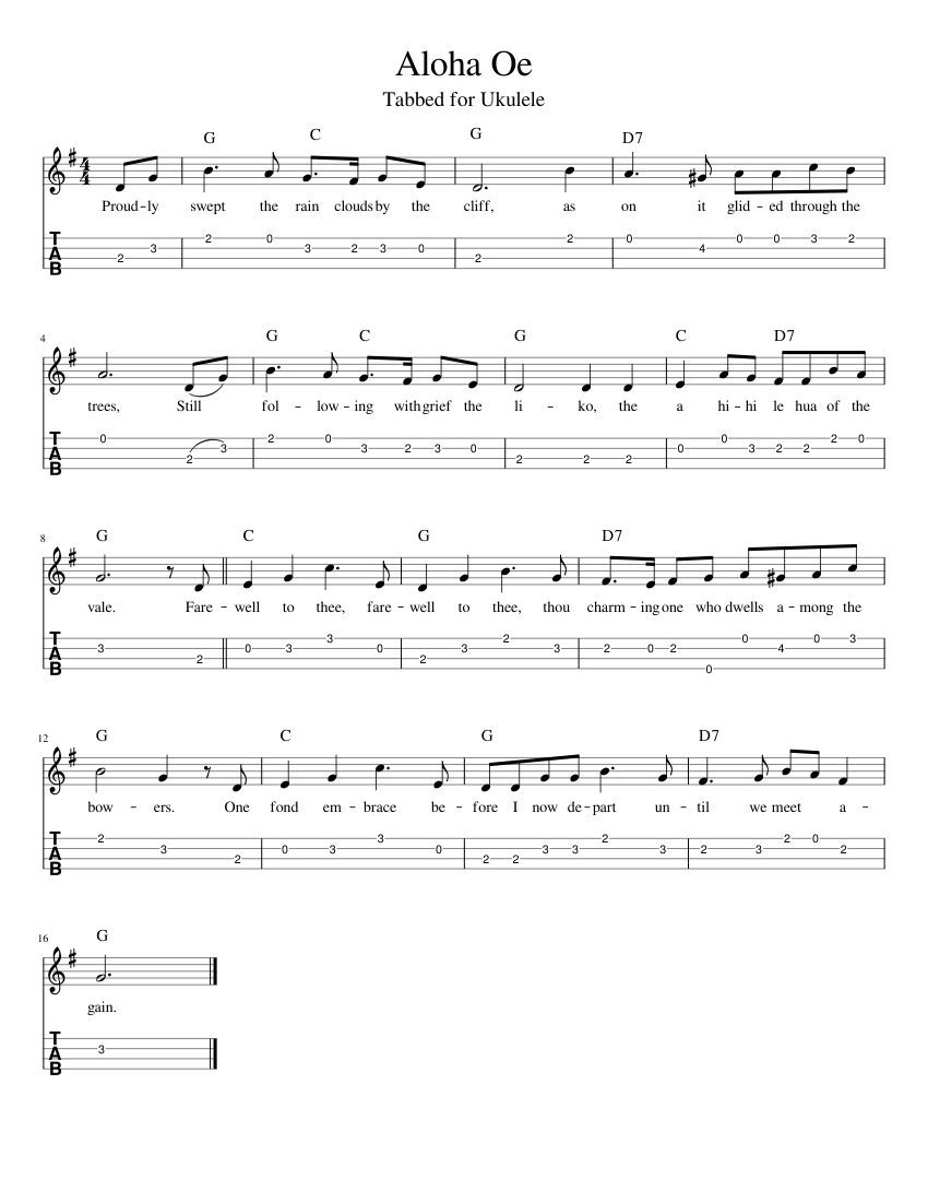 Aloha Oe Sheet music for Ukulele (Solo) | Musescore.com