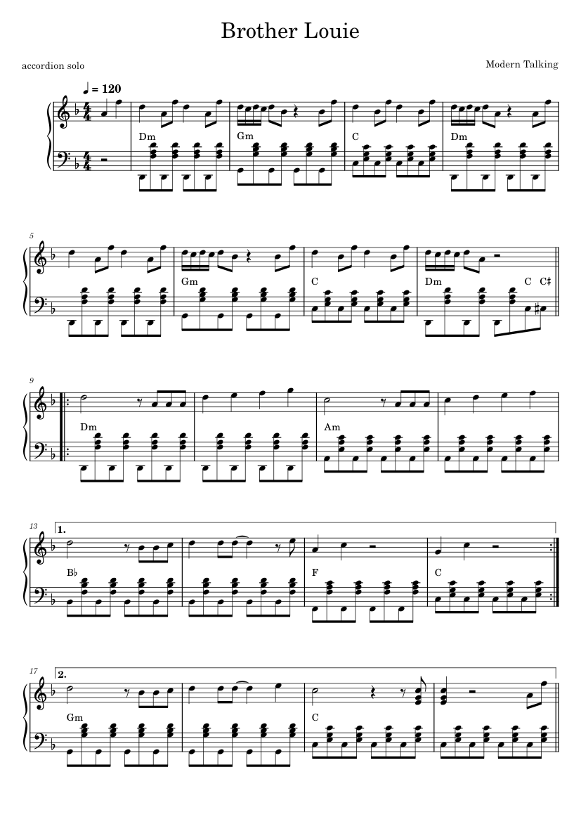 Brother louie – Modern Talking Sheet Music with Chords for Accordion ...