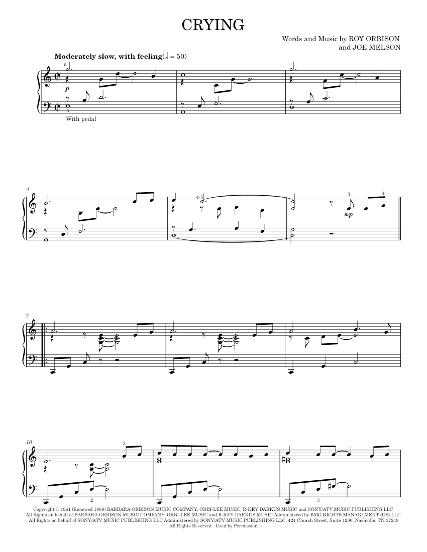 Play Official version of Crying sheet music by Roy Orbison for Piano ...