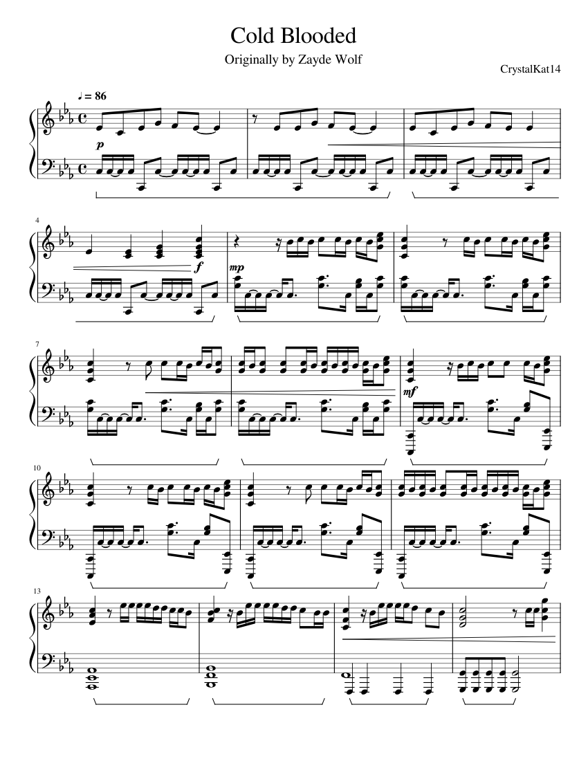 Cold Blooded - Zayde Wolf - Piano Arrangement Sheet Music for Piano ...