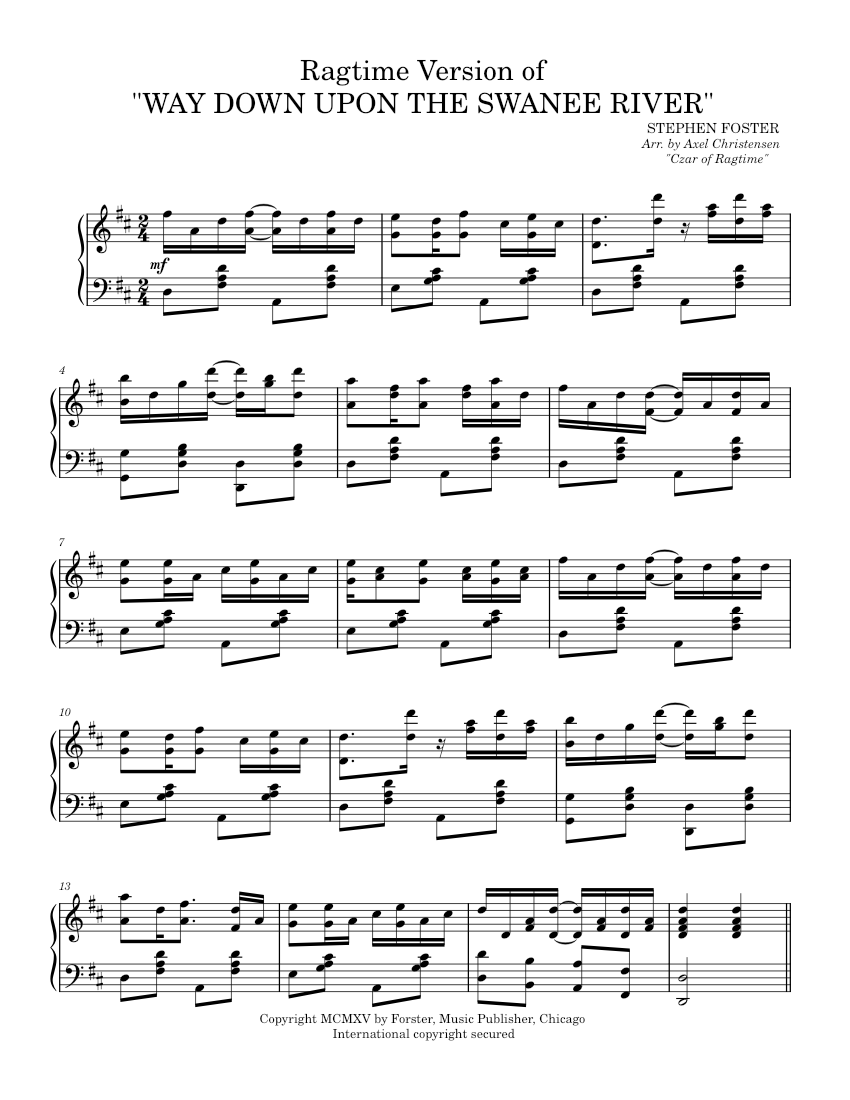 Ragtime Version of "Way Down Upon the Swanee River" (1915) Sheet Music ...