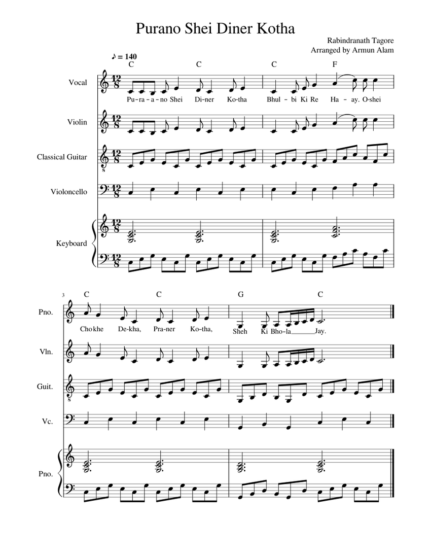 Purano Shei Diner Kotha Sheet music for Piano, Flute, Violin, Cello ...