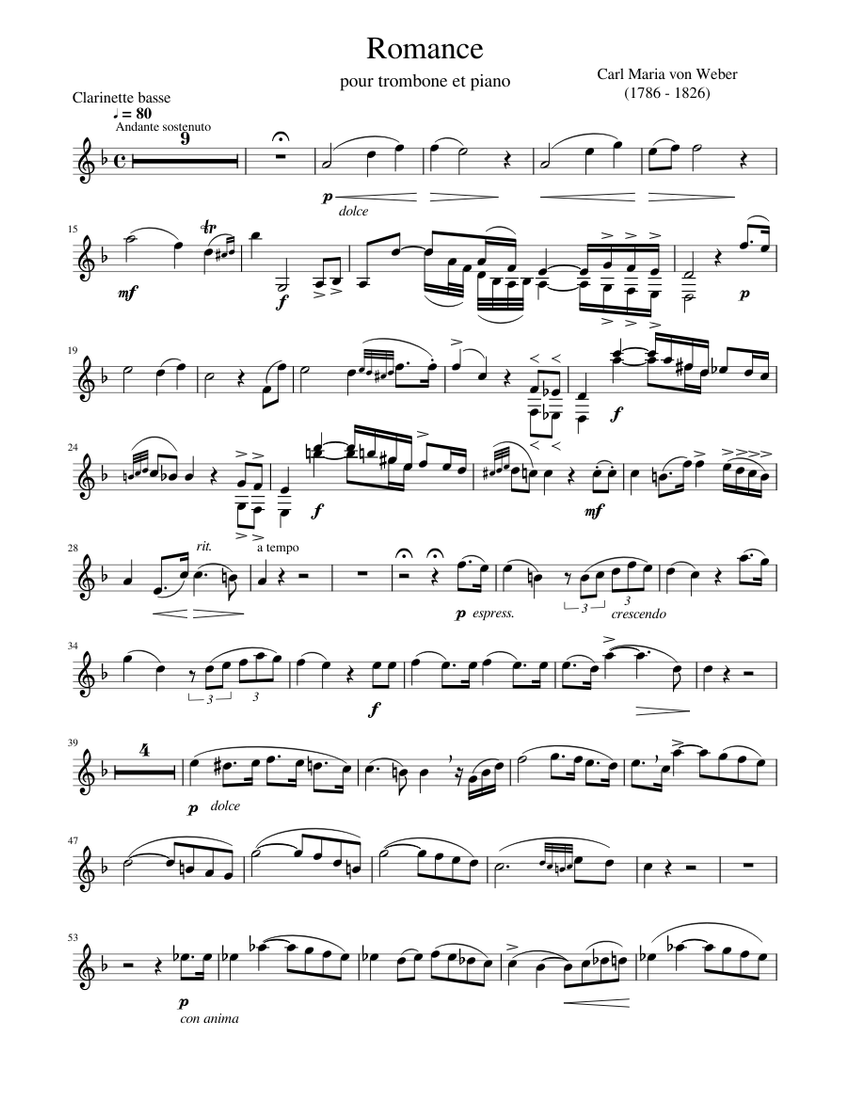 Romance Weber Sheet music for Clarinet bass (Solo) | Musescore.com