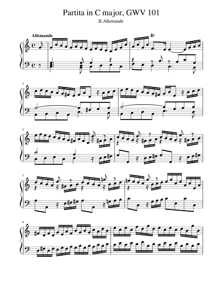 Partita in C major, GWV 101 II.Allemande Sheet music for Piano (Solo ...