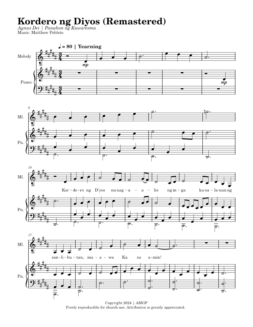 Kordero ng Diyos (Remastered) Sheet Music for Piano, Synthesizer ...