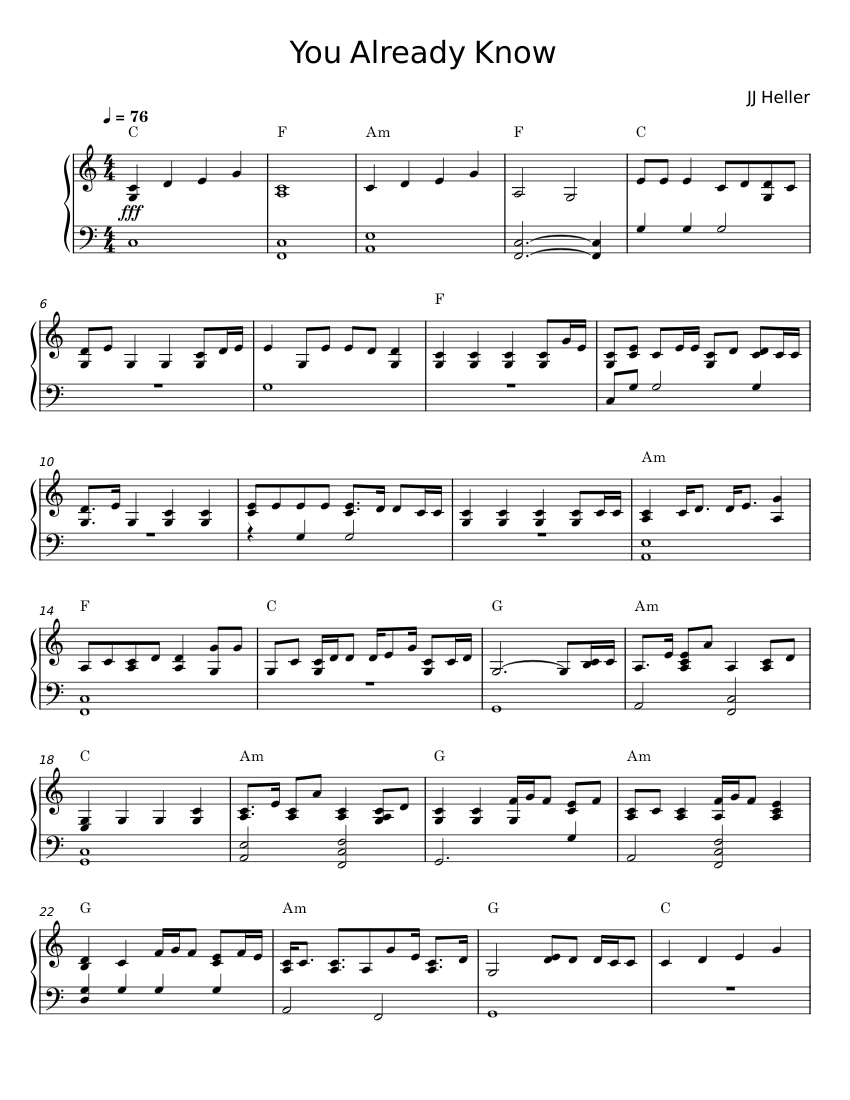 You Already Know - JJ Heller Sheet Music with Chords for Piano (Solo ...