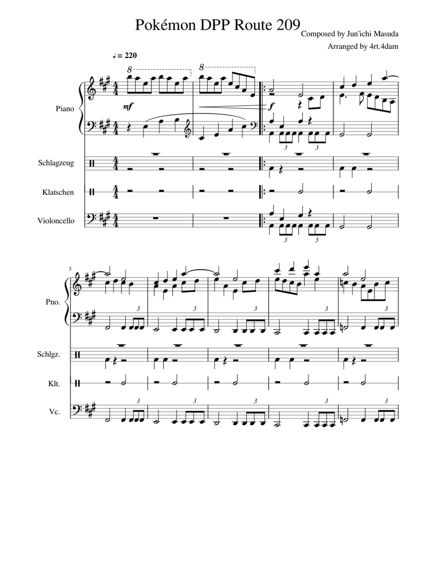 Pokémon DPP Route 209 Sheet music for Piano, Cello, Drum group, Hand ...