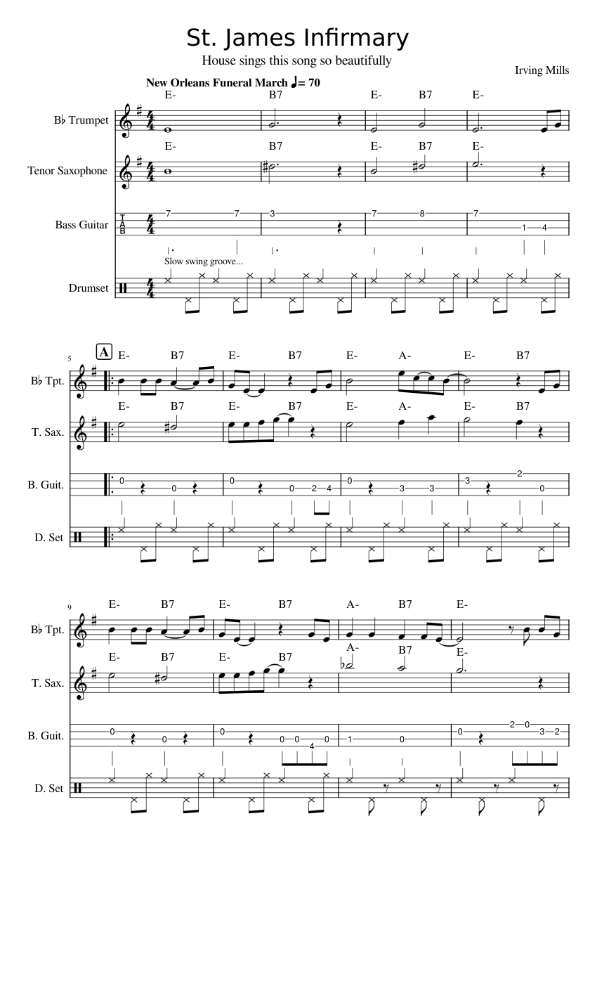St. James Infirmary Sheet Music and Tab with Chords for Saxophone tenor, Bass guitar, Drum group ...