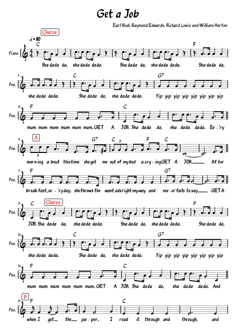 Get a Job – (The Silhouettes) (Lead sheet with lyrics ) Sheet Music for ...