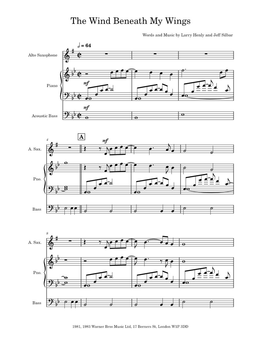 The wind beneath my wings – Larry Henley Sheet music for Piano, Saxophone alto, Bass guitar ...