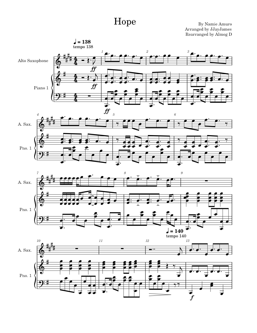 Hope – Namie Amuro Sheet music for Piano, Saxophone alto (Solo ...