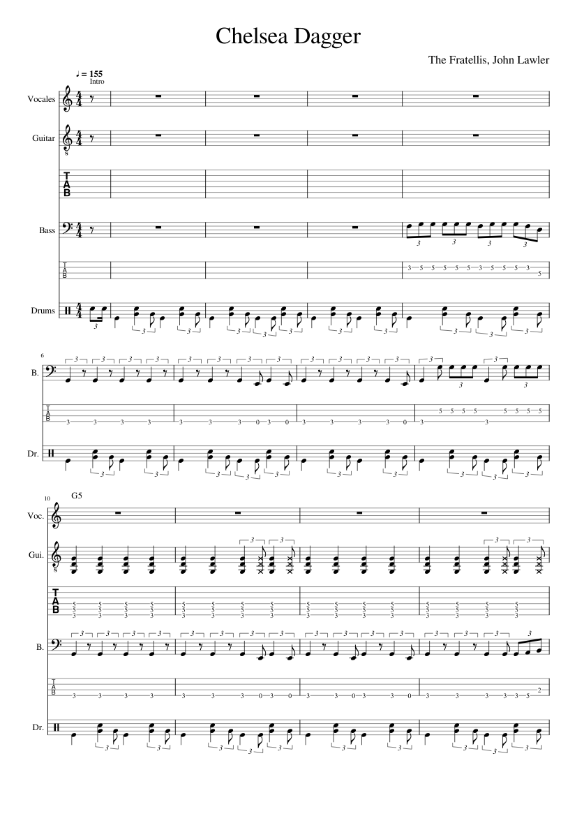 Chelsea Dagger Sheet Music and Tab with Chords for Vocals, Guitar, Bass ...
