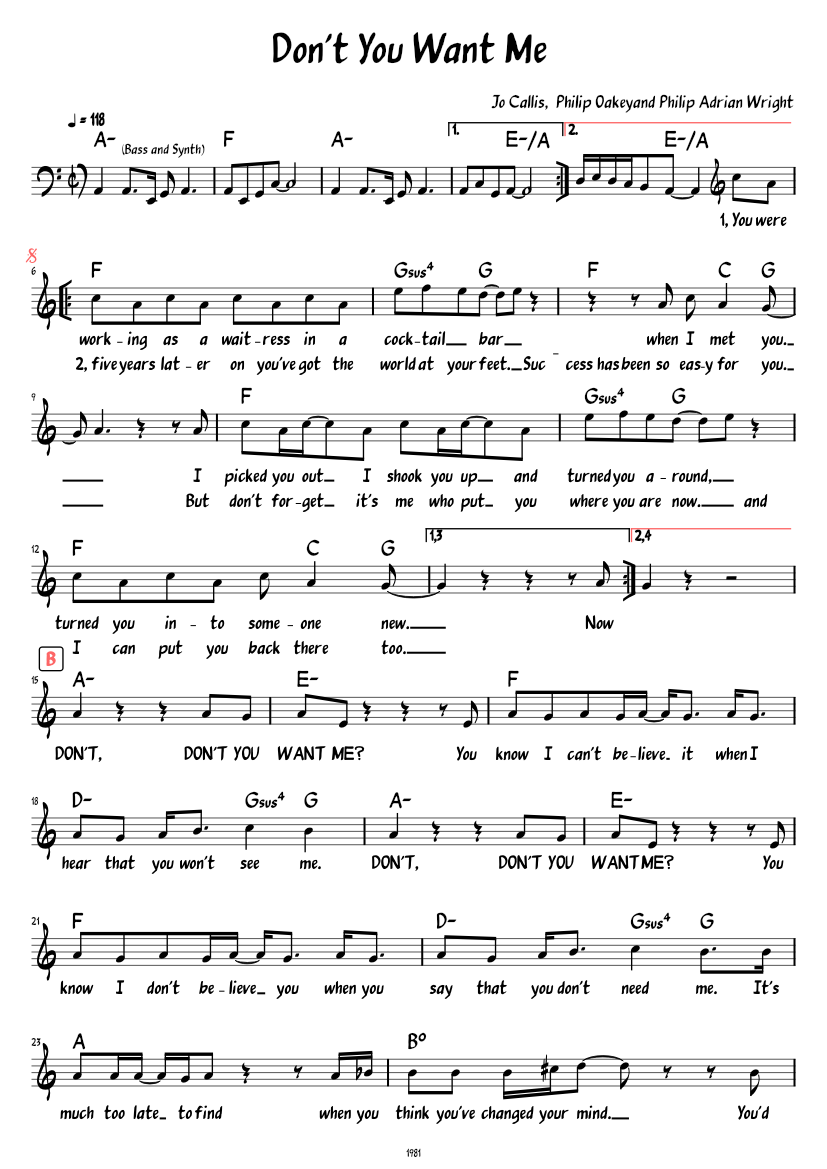 Don't You Want Me (Lead sheet with lyrics ) Sheet Music with Chords for ...