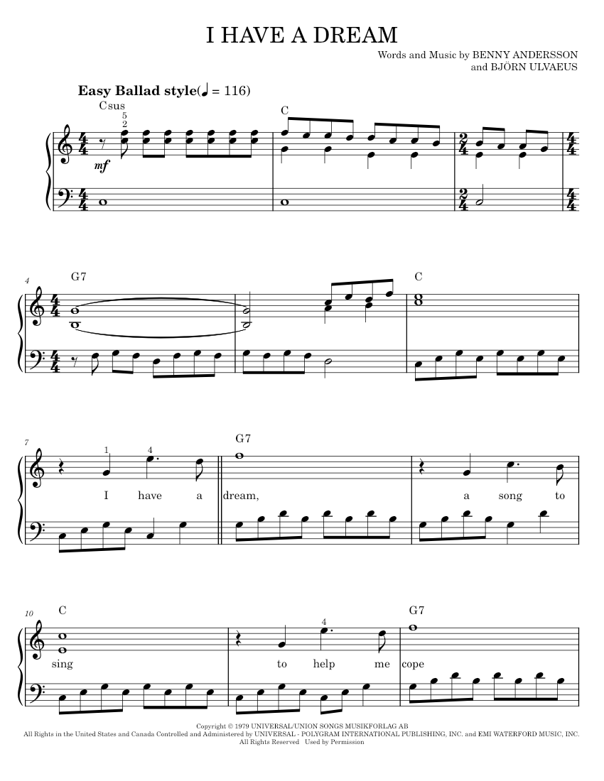 Play Official version of I have a dream Sheet Music by ABBA for Piano ...