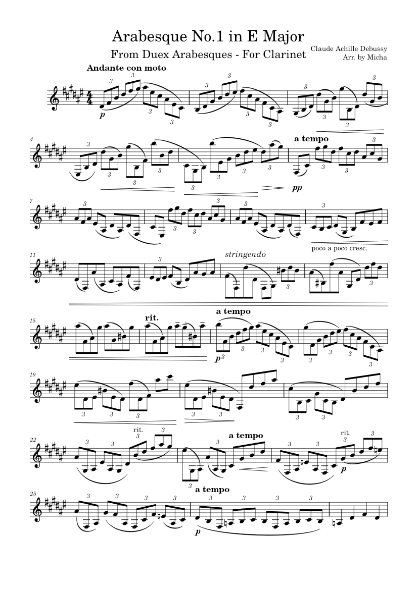 Arabesque No.1 in EM By Claude Debussy For Clarinet Sheet music for ...