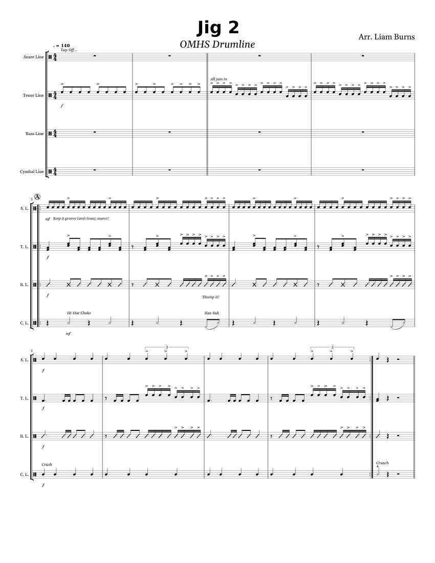 Jig 2 Sheet Music for Snare drum, Crash, Tenor drum, Bass drum (Percussion Quartet) | MuseScore.com