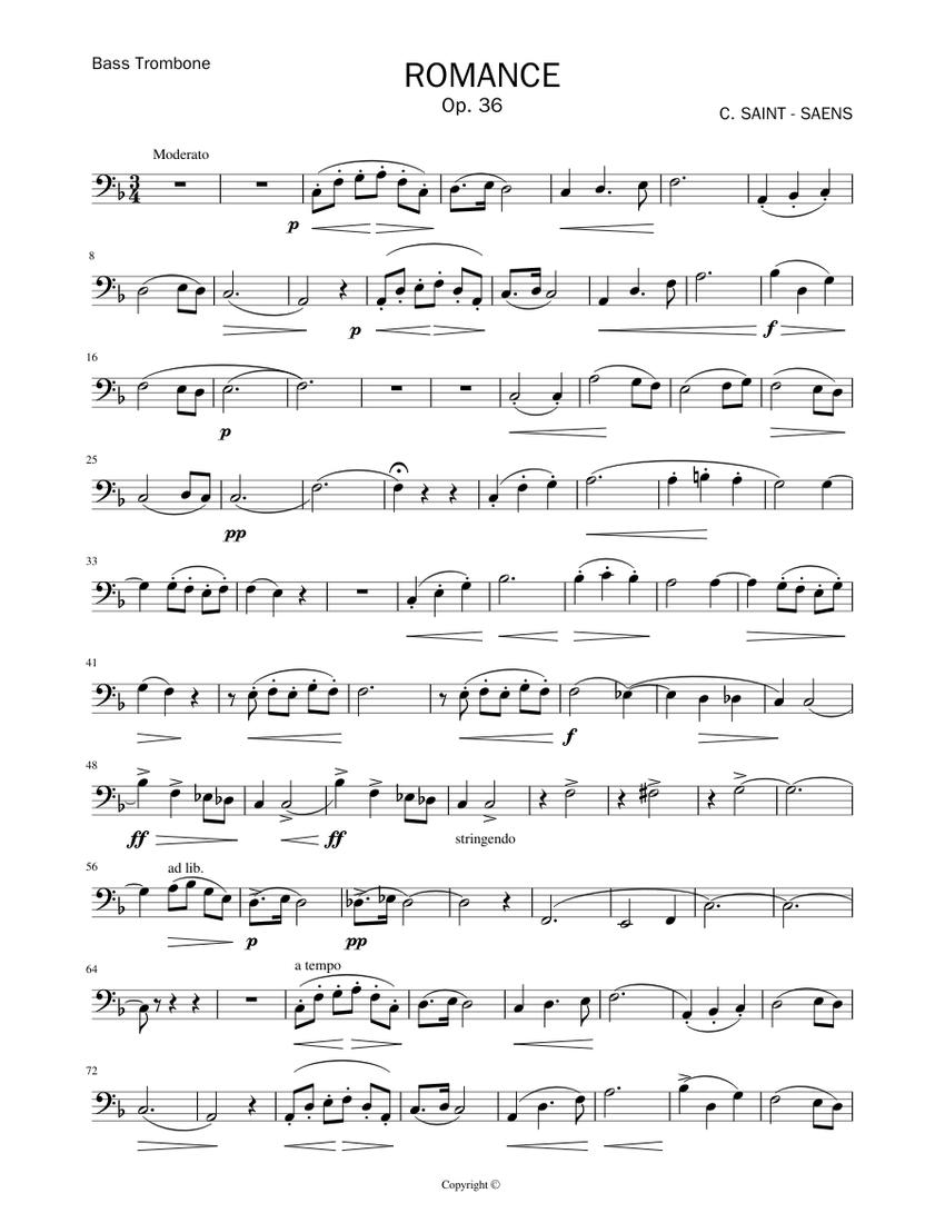 Romance op.36 Camille Saint-Saens (Bass Trombone) Sheet music for ...