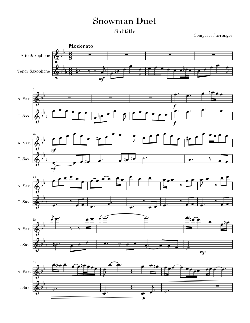 snowman tenor and alto sax duo Sheet Music for Saxophone alto ...