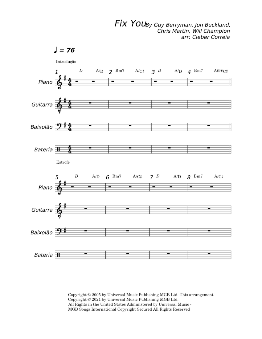 Fix You – Coldplay Fix You Sheet music for Piano, Guitar, Bass guitar ...