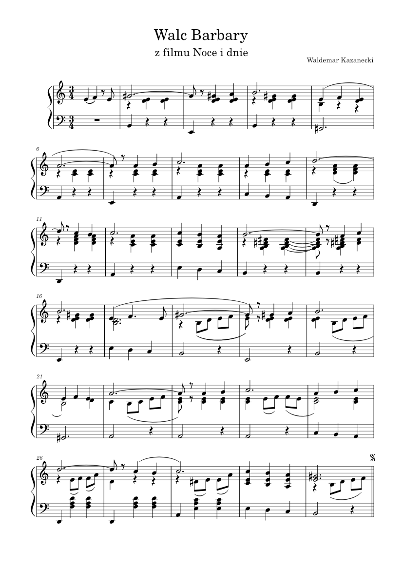 Noce i dnie - Walc Barbary – Misc Soundtrack Walc Barbary Sheet Music for Piano (Solo) Easy ...