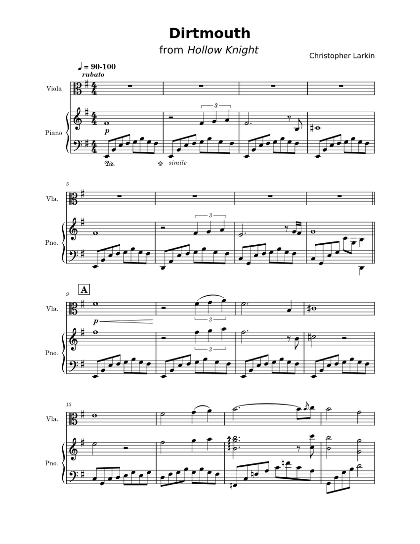 Dirtmouth – Hollow Knight Sheet music for Piano, Viola (Solo ...
