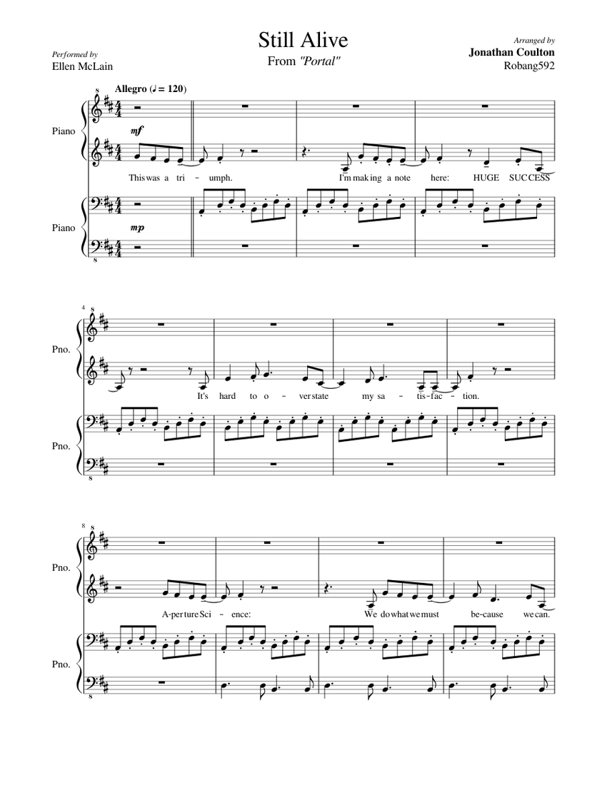 Still Alive - Portal (Piano Duet) Sheet music for Piano (Piano Duo ...