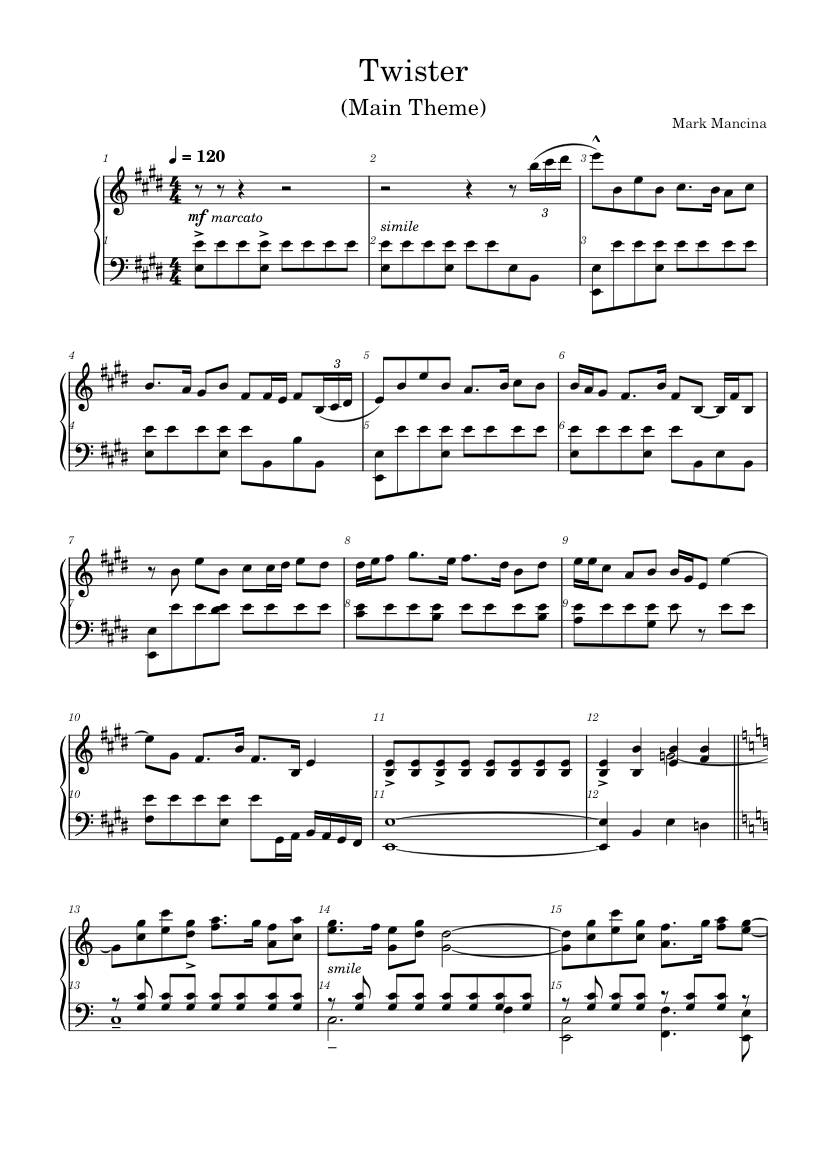 Twister (Main Theme) – Mark Mancina Twister Sheet Music for Piano (Solo ...