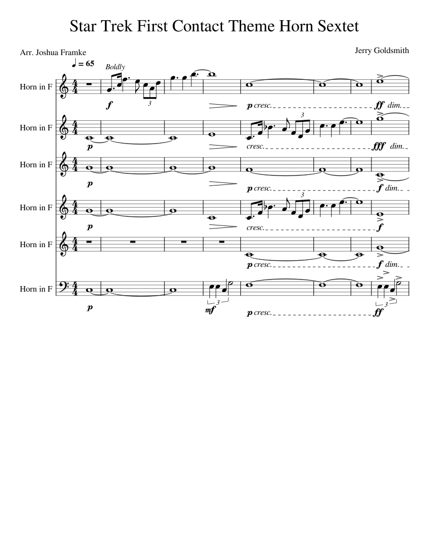 Star Trek First Contact Theme Horn Sextet Sheet music for French Horn ...