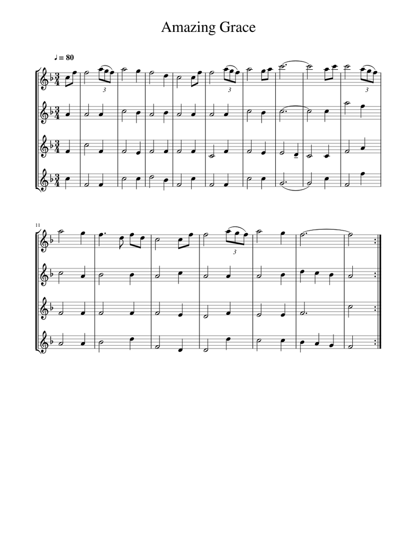 Amazing Grace Sheet music for Violin, Viola, Cello (String Quartet ...