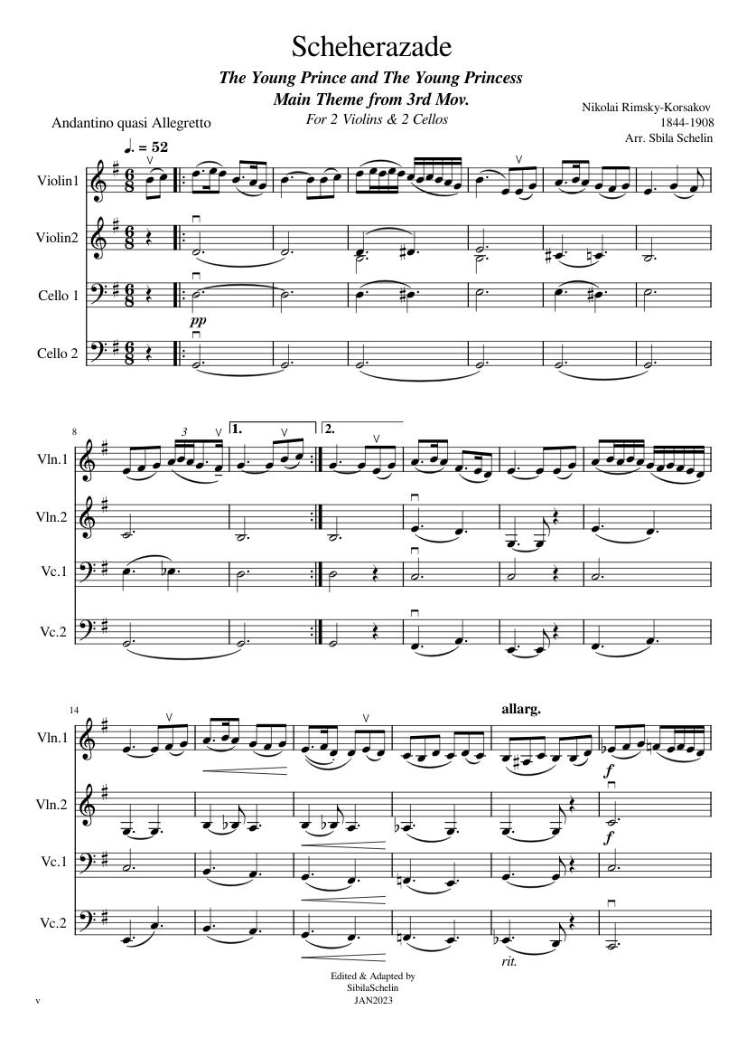 Scheherazade Third Movement Main Theme Sheet music for Violin, Cello ...