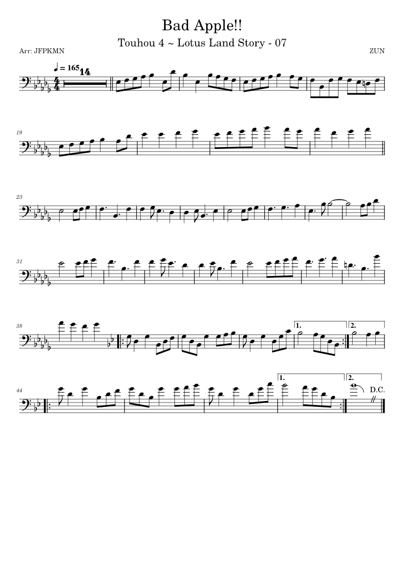 Touhou 4 ~ Lotus Land Story - 7. Bad Apple!! Sheet music for Trombone ...