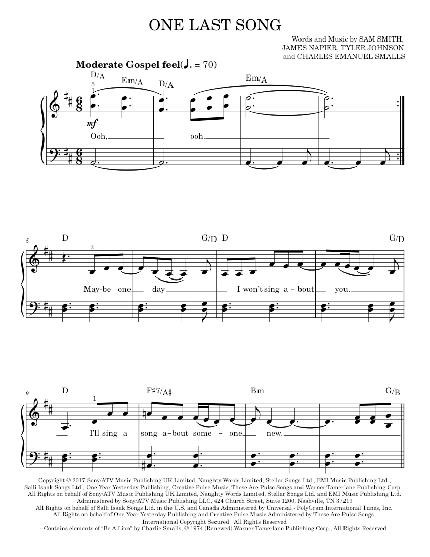Play Official version of One last song sheet music by Sam Smith for ...