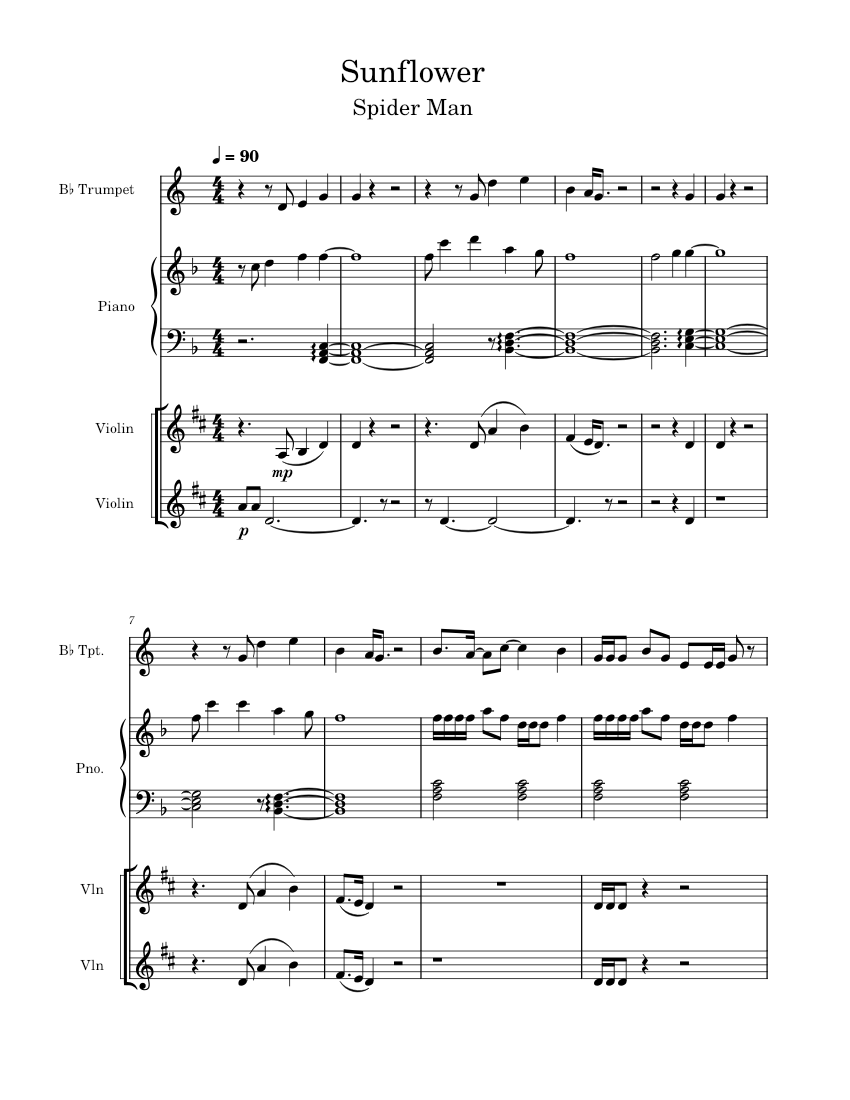 Sunflower – Post Malone Sheet music for Piano, Trumpet in b-flat, Violin (Mixed Quartet ...