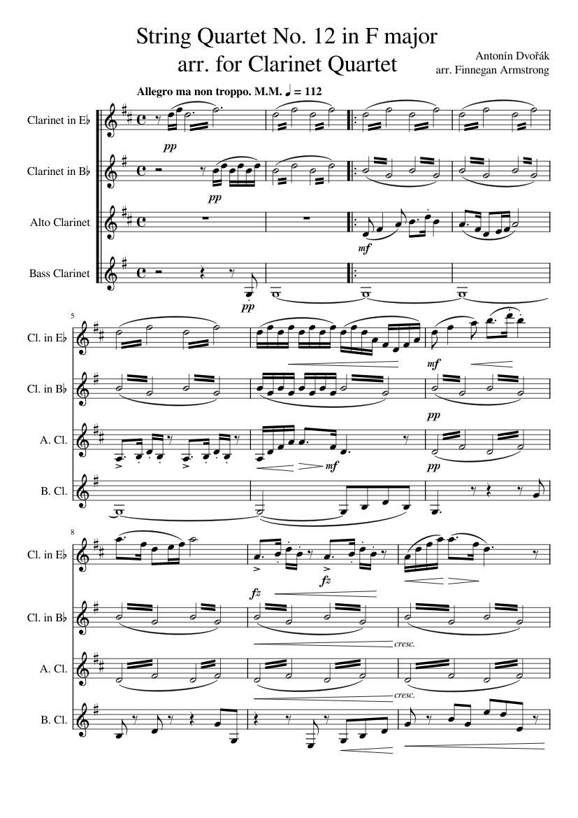 String Quartet No.12, Op.96 – Antonín Dvořák for Clarinet Quartet Sheet Music for Clarinet other ...