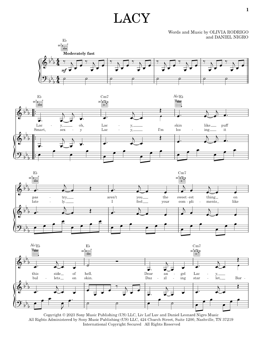 Play Official version of Lacy Sheet Music by Olivia Rodrigo for Piano ...