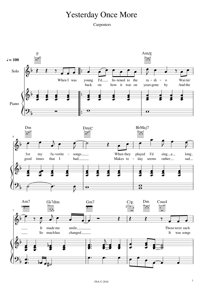 Yesterday Once More Sheet music for Organ, Vocals (Mixed Duet ...