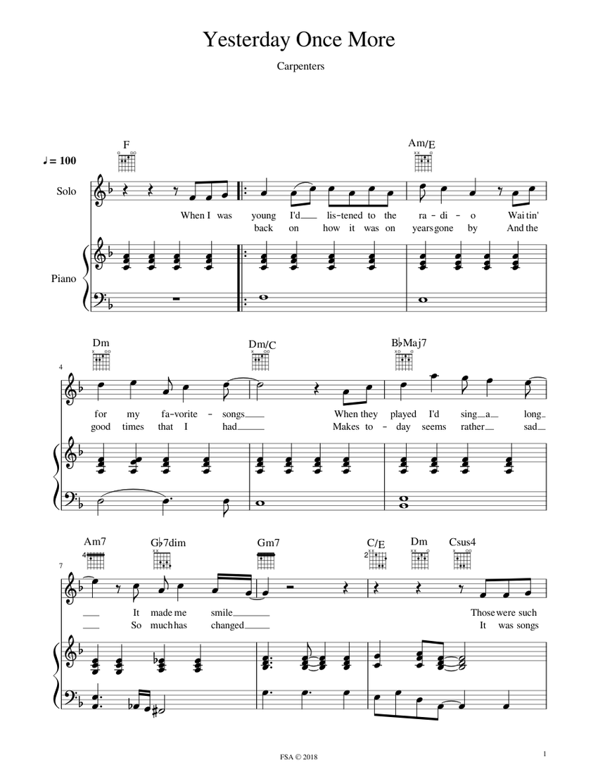 Yesterday Once More Sheet music for Organ, Vocals (Mixed Duet ...