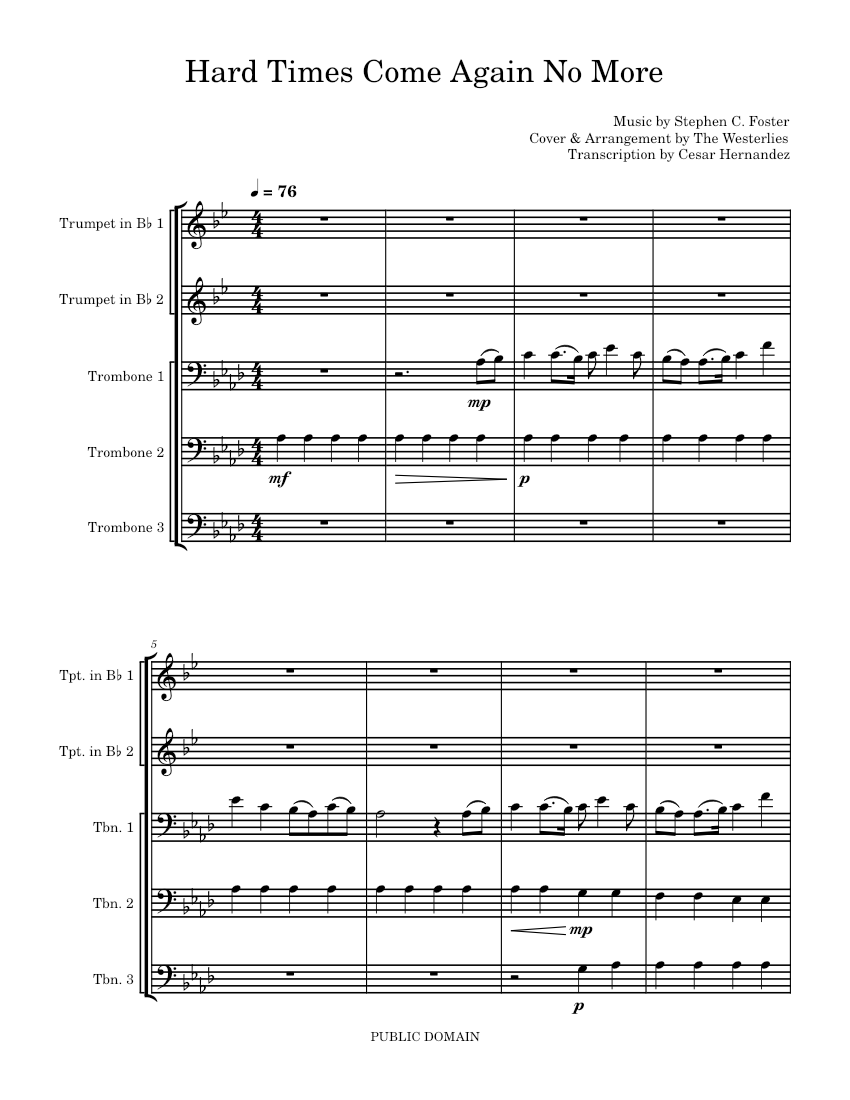 Hard Times Come Again No More Sheet Music for Trombone, Trumpet other ...