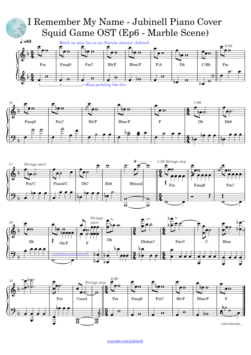 Squid Game OST - I Remember My Name Jubinell Piano Cover | Sheet Music Sheet music for Piano ...
