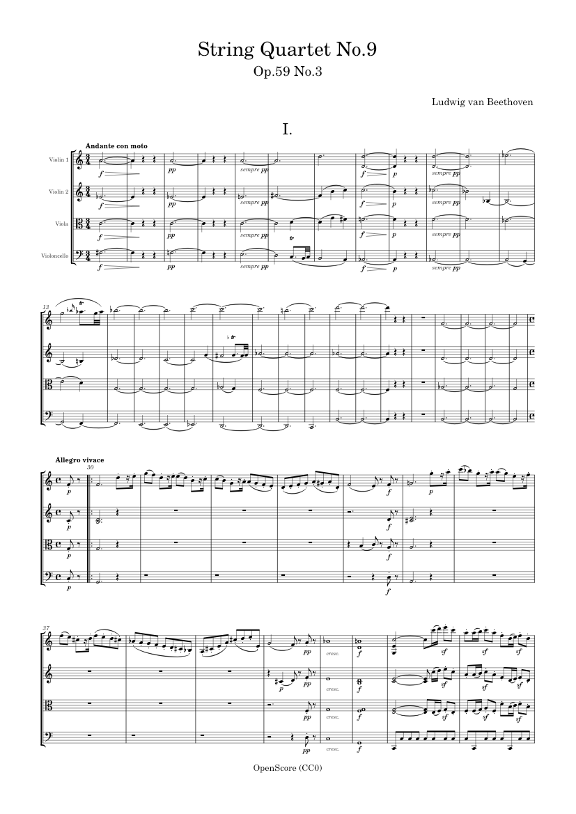 String Quartet No.9, Op.59 No.3 – Ludwig van Beethoven Sheet Music for Violin, Viola, Cello ...
