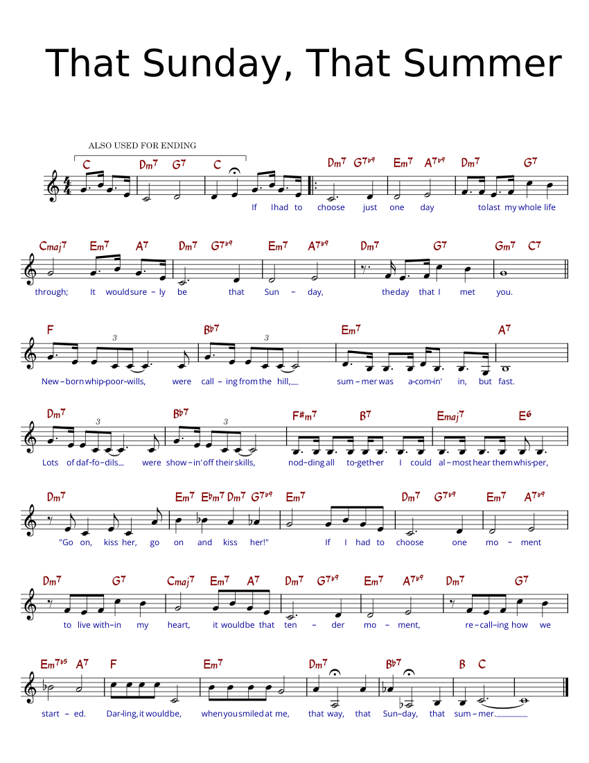 That Sunday That Summer Sheet Music with Chords for Piano (Solo) easy ...