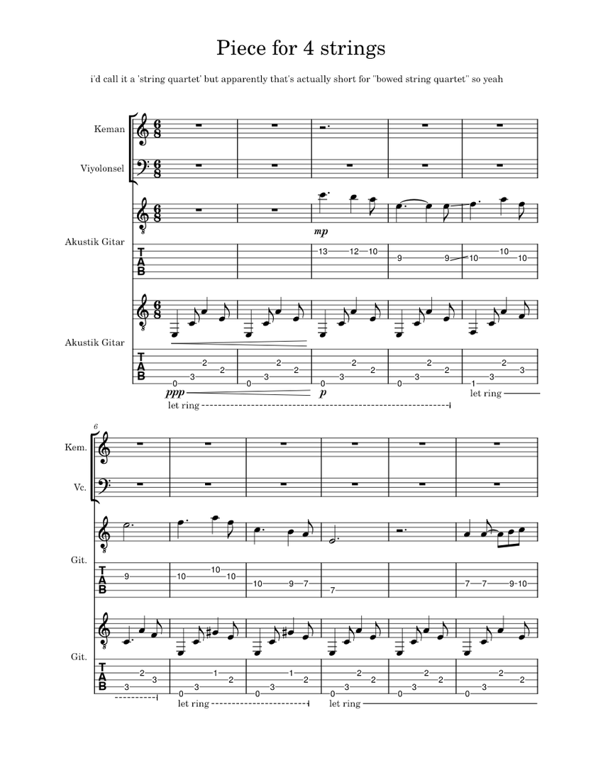 Piece for 4 strings Sheet music for Violin, Cello, Guitar (String ...
