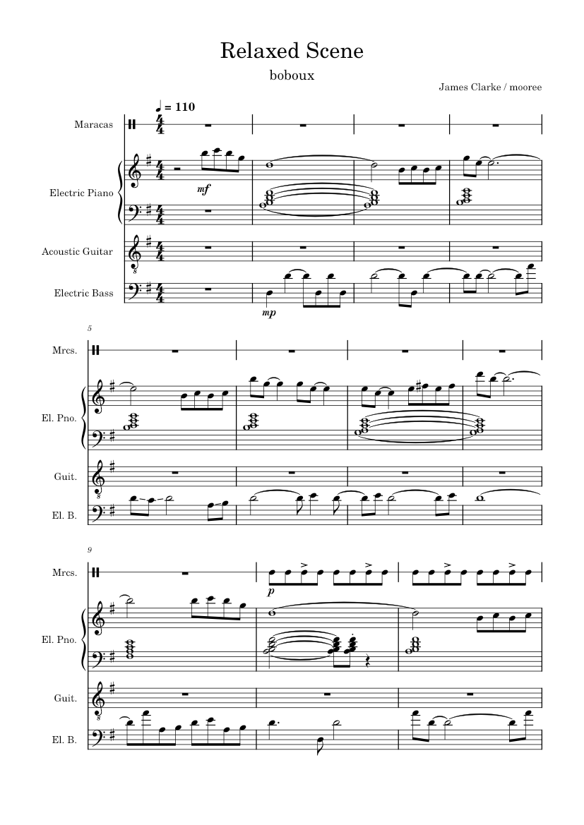 Relaxed Scene Sheet Music for Piano, Guitar, Bass guitar, Drum group ...