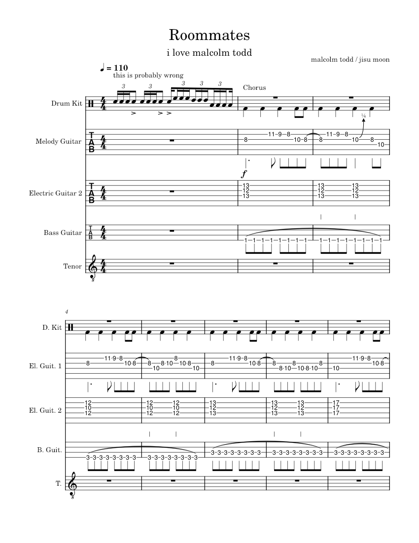 Roommates – Malcolm Todd Sheet Music and Tab for Guitar, Bass guitar ...