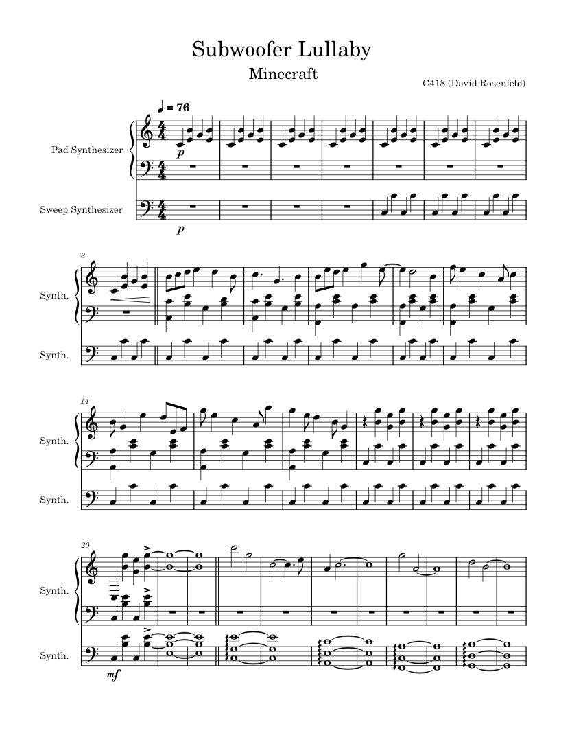 Subwoofer Lullaby – C418 Subwoofer Lullaby Sheet music for Synthesizer ...