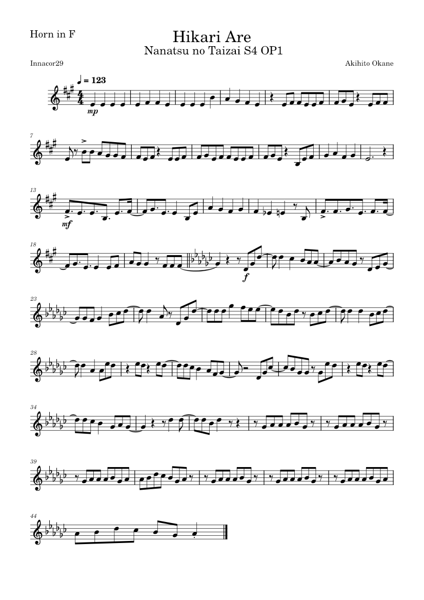 Hikari Are - Nanatsu no Taizai S4 OP1 (Horn in F) Sheet music for ...