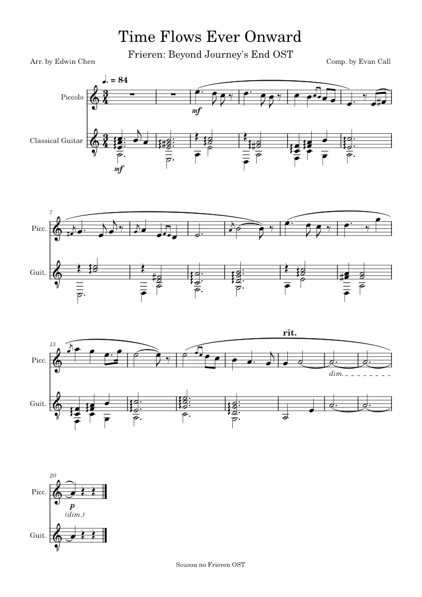 Time Flows Ever Onward | Frieren: Beyond Journey's End OST Sheet Music for Oboe, Guitar (Mixed ...