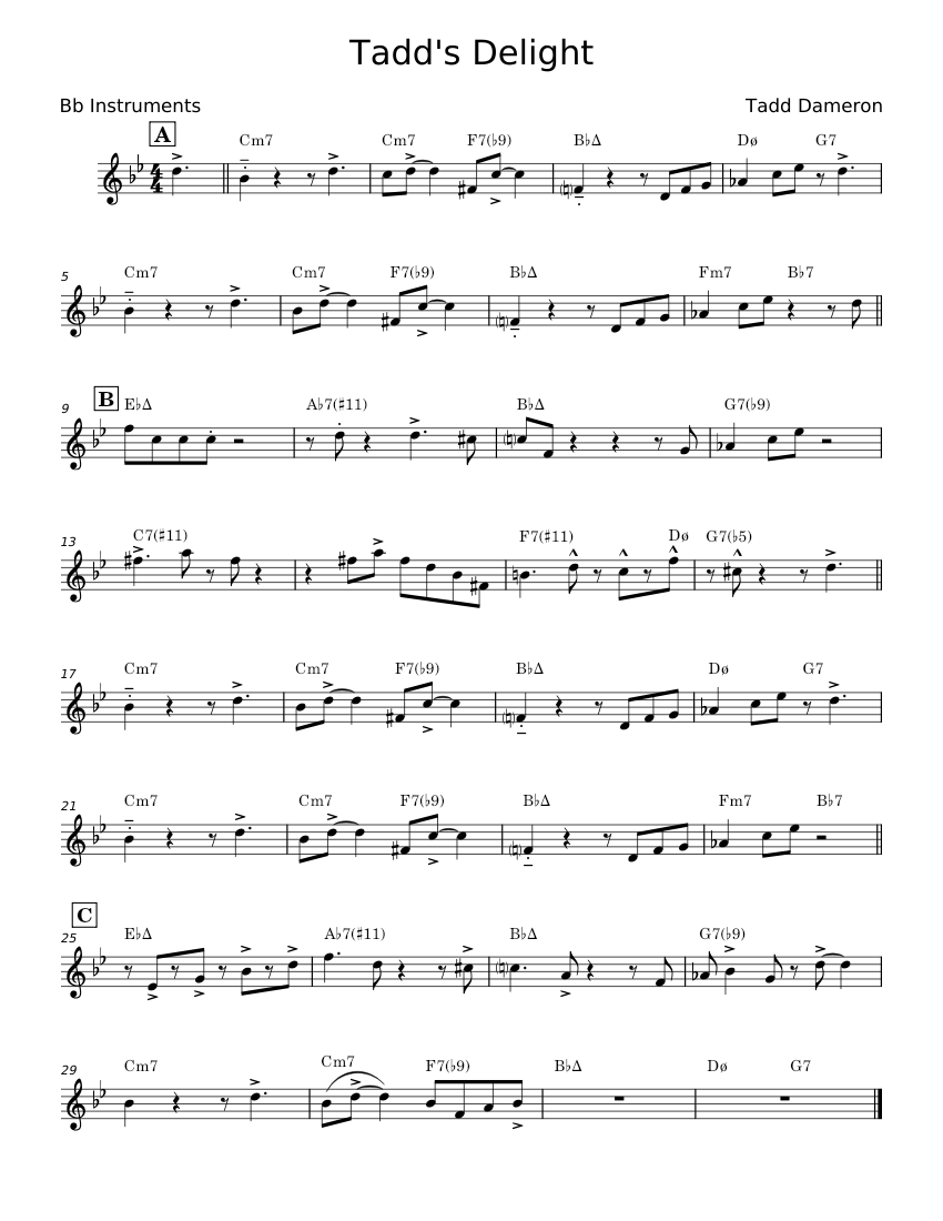 Tadd's Delight - Tadd Dameron Sheet Music with Chords for Trumpet in b ...